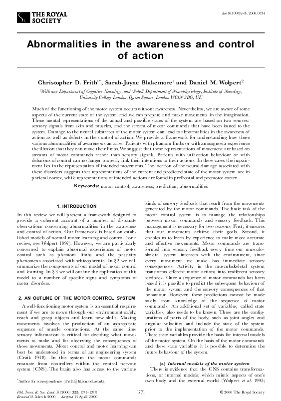 (PDF) Abnormalities in the awareness and control of action
