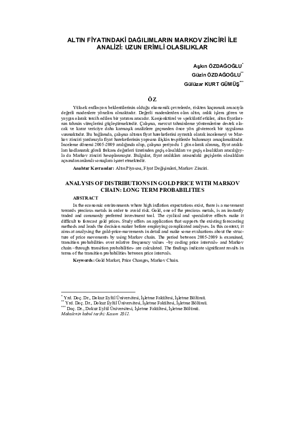 (PDF) Altın Fiyatındaki Dağılımların Markov Zinciri ile Analizi: Uzun ...