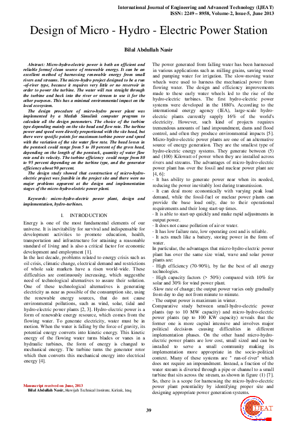 (PDF) Design of Micro - Hydro - Electric Power Station