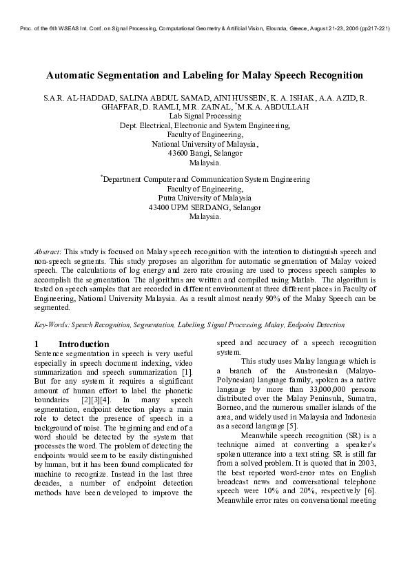 (PDF) Automatic Segmentation and Labeling for Malay Speech Recognition