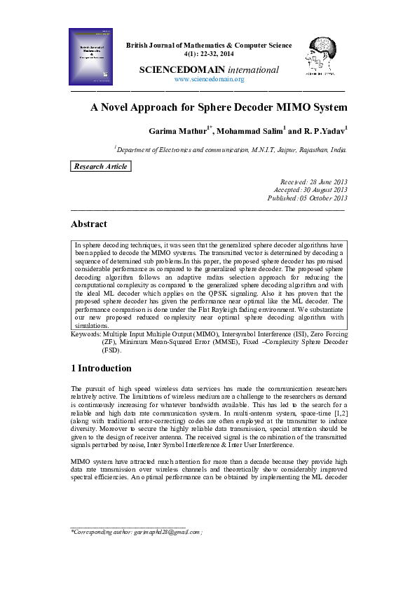 (PDF) A Novel Approach for Sphere Decoder MIMO System