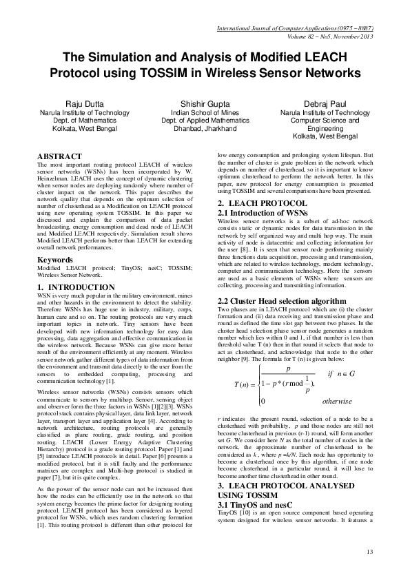 The Simulation And Analysis Of Modified Leach Protocol Using Tossim In Wireless Sensor Networks