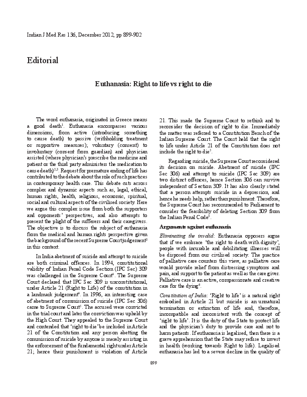 (PDF) Euthanasia: Right to life vs right to die