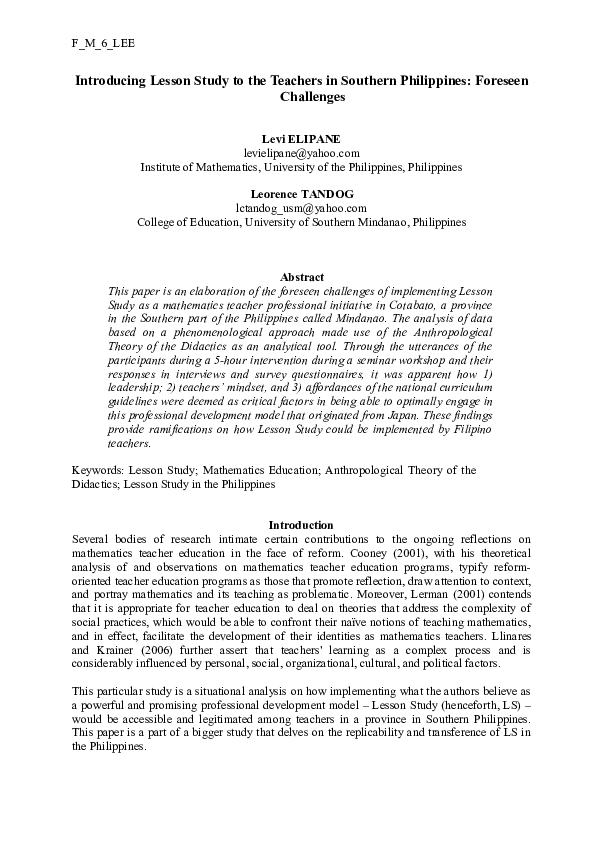 (DOC) Introducing Lesson Study to the Teachers in Southern Philippines ...