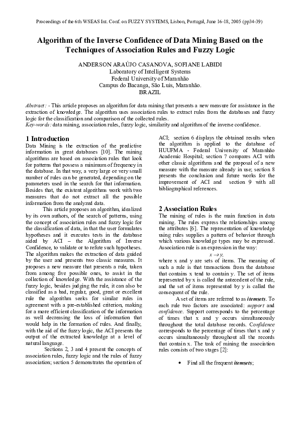 Pdf Algorithm Of The Inverse Confidence Of Data Mining Based On The Techniques Of Association