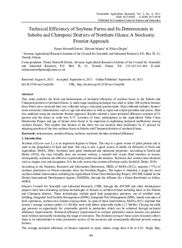 (PDF) Technical Efficiency of Soybean Farms and Its Determinants in Saboba and Chereponi ...