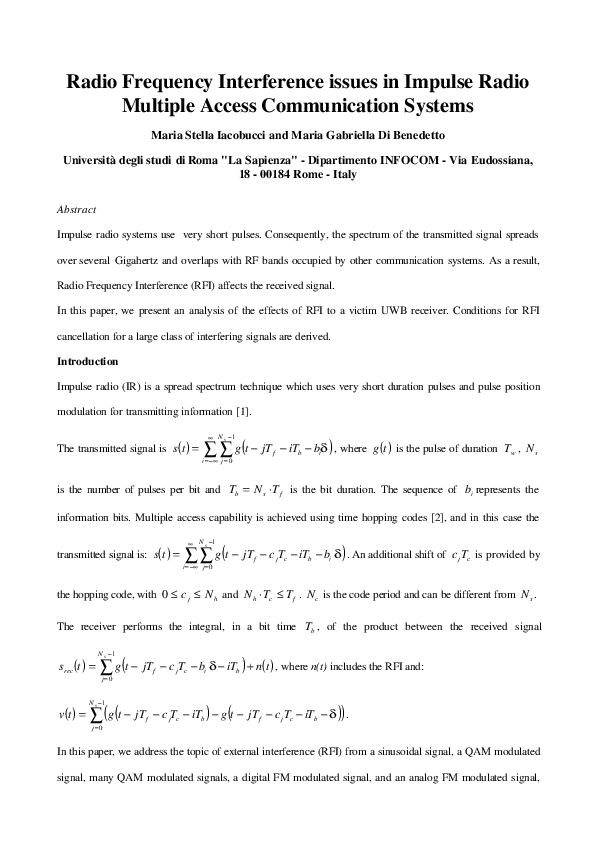 (PDF) Radio frequency interference issues in impulse radio multiple ...