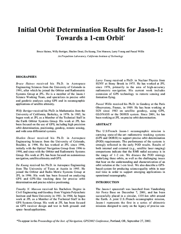 (PDF) Initial Orbit Determination Results for Jason1: Towards a 1-cm Orbit