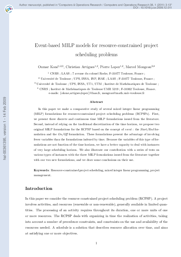 (PDF) Event-based MILP models for resource-constrained project scheduling problems