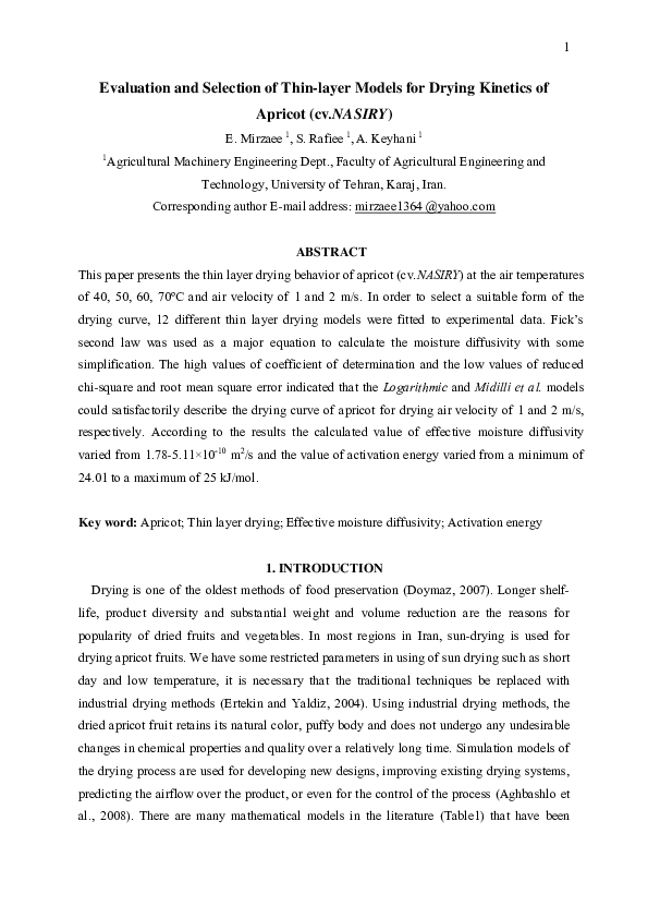 (PDF) Evaluation and Selection of Thin-layer Models for Drying Kinetics of Apricot (cv.NASIRY