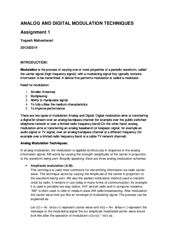 Pdf Analog And Digital Modulation Techniques Assignment 1