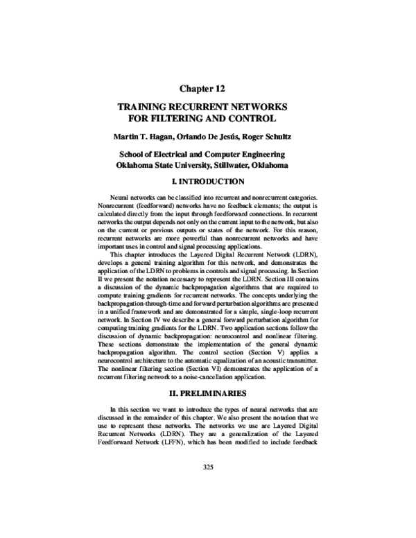 (PDF) Chapter 12 TRAINING RECURRENT NETWORKS FOR FILTERING AND CONTROL
