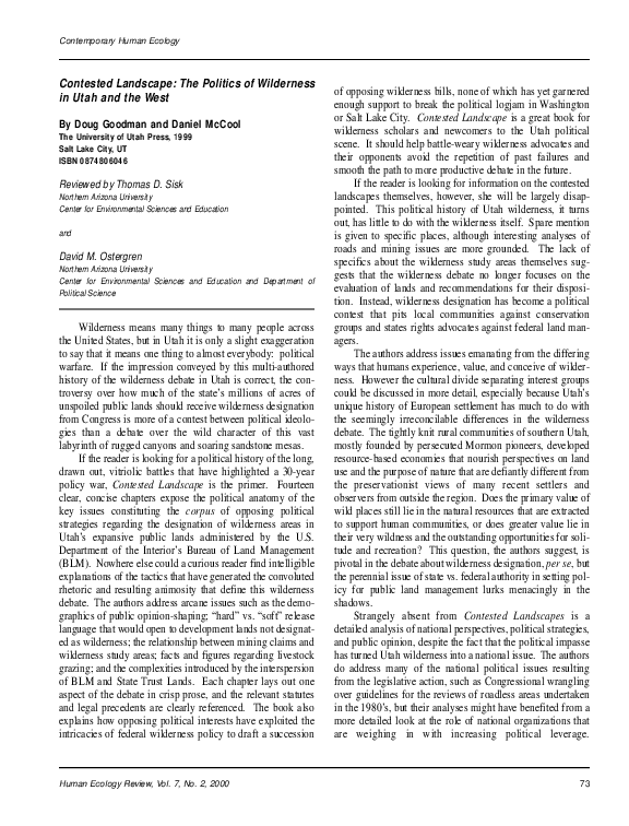 (PDF) Contested landscape: The politics of wilderness in Utah and the West