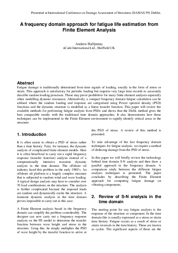 Pdf A Frequency Domain Approach For Fatigue Life Estimation From Finite Element Analysis