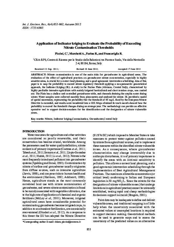(PDF) Application of Indicator kriging to Evaluate the Probability of Exceeding Nitrate ...