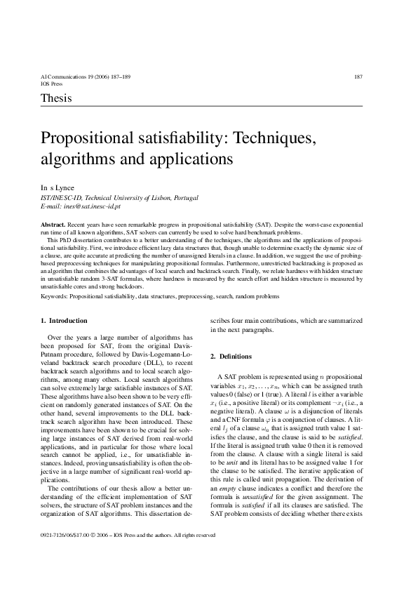 (PDF) Propositional Satisfiability: Techniques, Algorithms and Applications