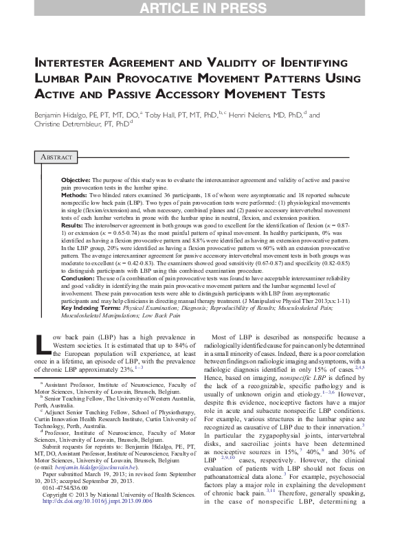 (PDF) Inter-tester agreement and validity of identifying lumbar pain ...