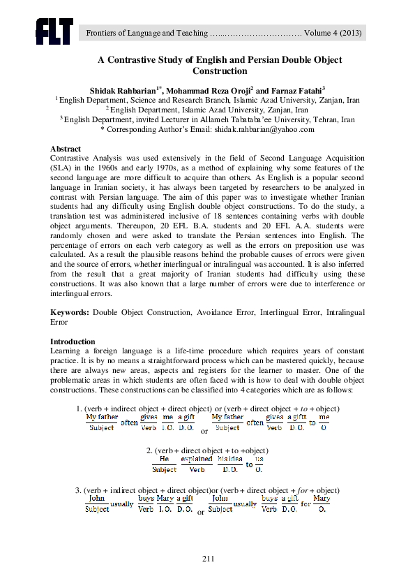 (PDF) A Contrastive Study of English and Persian Double Object Construction
