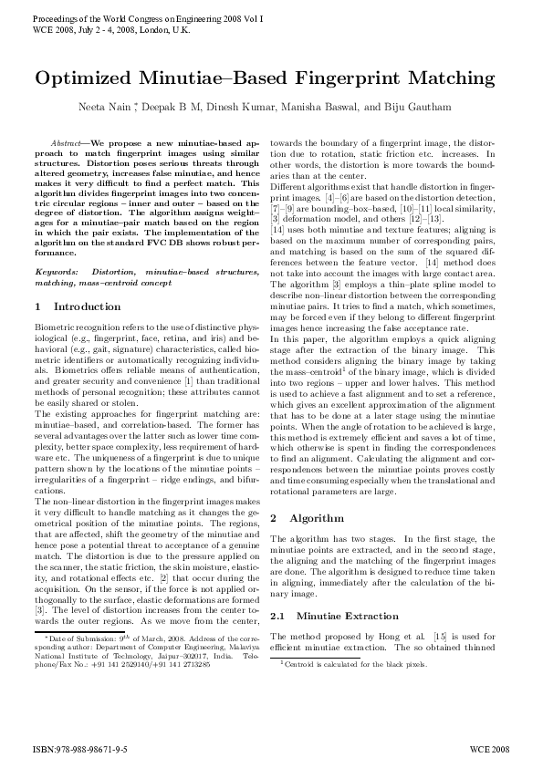 Pdf Optimized Minutiae Based Fingerprint Matching
