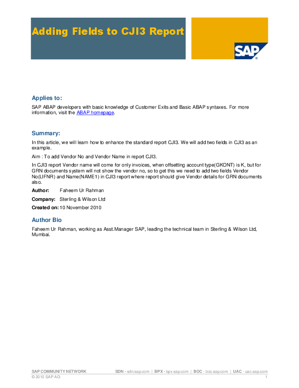 (PDF) SAP COMMUNITY NETWORK Adding Fields to CJI3 Report