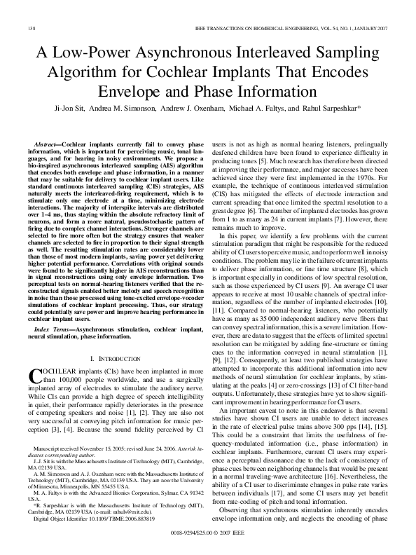 Pdf A Low Power Asynchronous Interleaved Sampling Algorithm For Cochlear Implants That Encodes