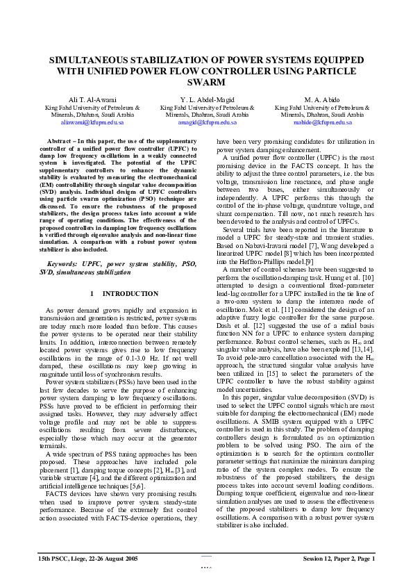 (PDF) SIMULTANEOUS STABILIZATION OF POWER SYSTEMS EQUIPPED WITH UNIFIED POWER FLOW CONTROLLER ...