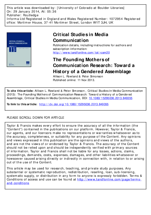 (PDF) The Founding Mothers of Communication Research: Toward A History ...