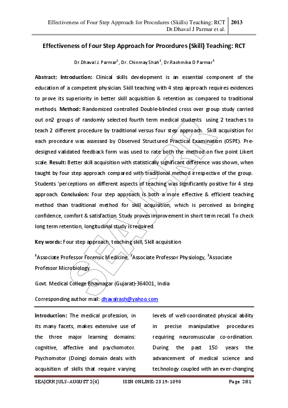 (PDF) Effectiveness of Four Step Approach for Procedures Teaching - RCT