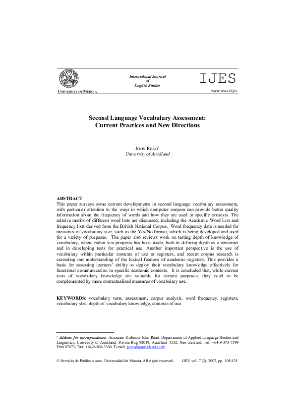 (PDF) SECOND LANGUAGE VOCABULARY ASSESSMENT: CURRENT PRACTICES AND NEW DIRECTIONS