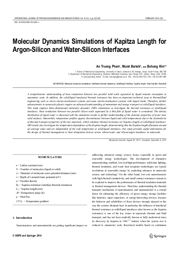 (PDF) Molecular Dynamics Simulations of Kapitza Length for Argon-Silicon and Water-Silicon ...