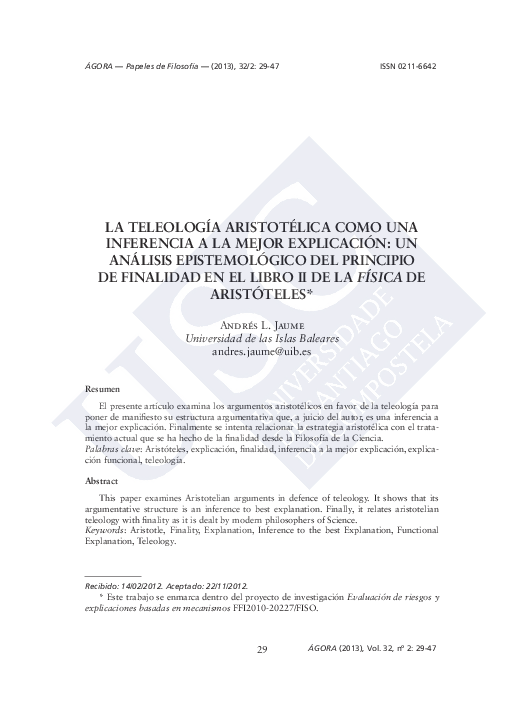 (PDF) La teleología aristotélica como inferencia a la mejor explicación