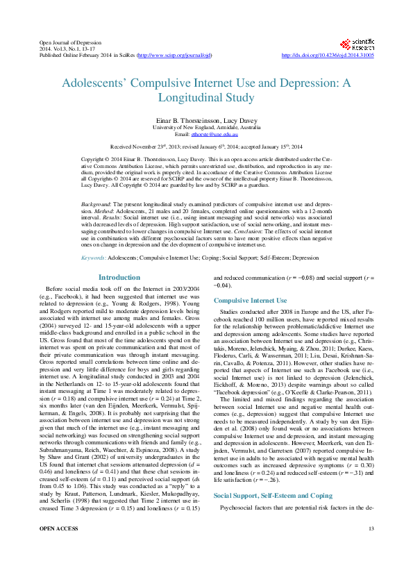(PDF) Adolescents’ compulsive Internet use and depression: A ...
