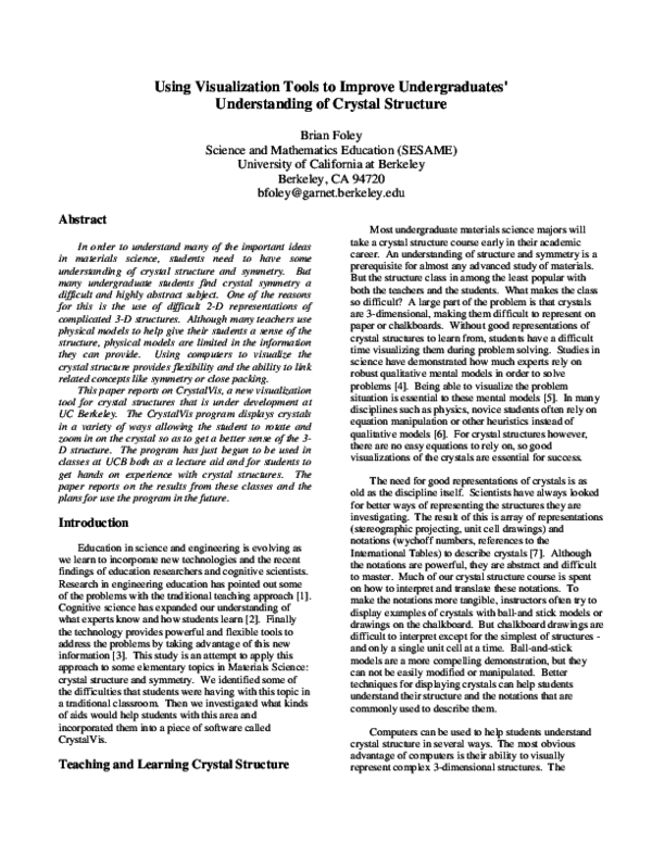 Pdf Using Visualization Tools To Improve Undergraduates Understanding Of Crystal Structure