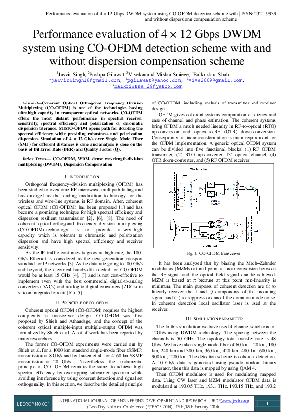 (PDF) Performance evaluation of 4 × 12 Gbps DWDM system using CO-OFDM detection scheme with and ...