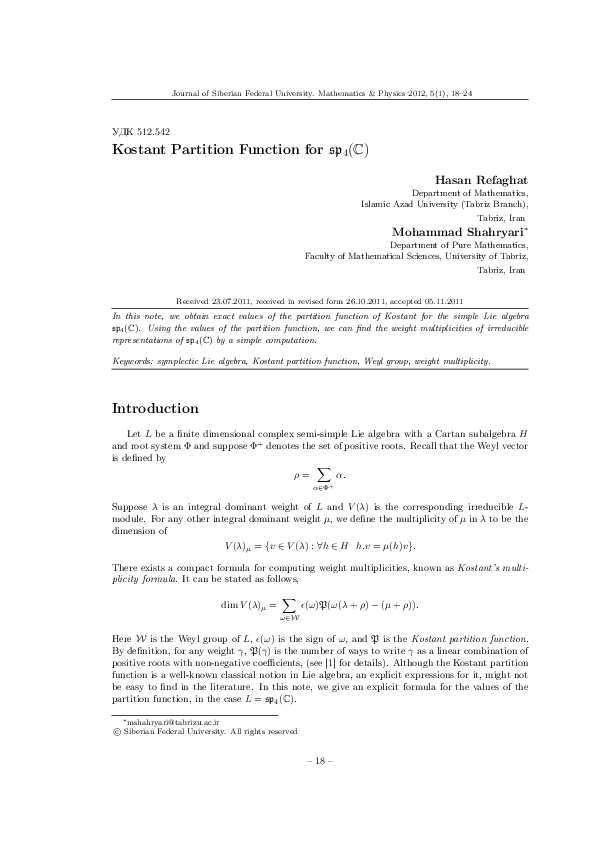 (PDF) Kostant partition function for Sp4