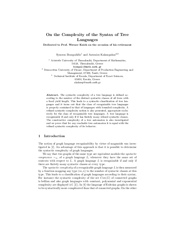 (PDF) On the complexity of the syntax of tree languages