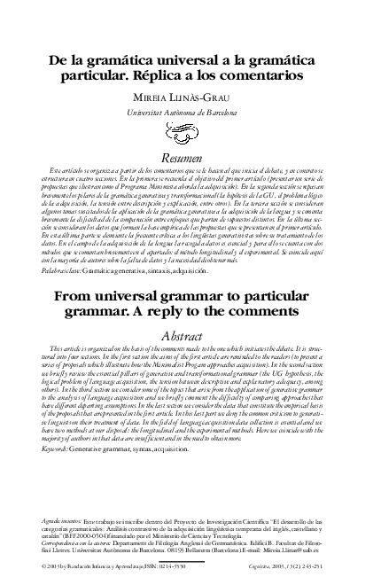 (PDF) De la gramática universal a la gramática particular. Réplica a ...