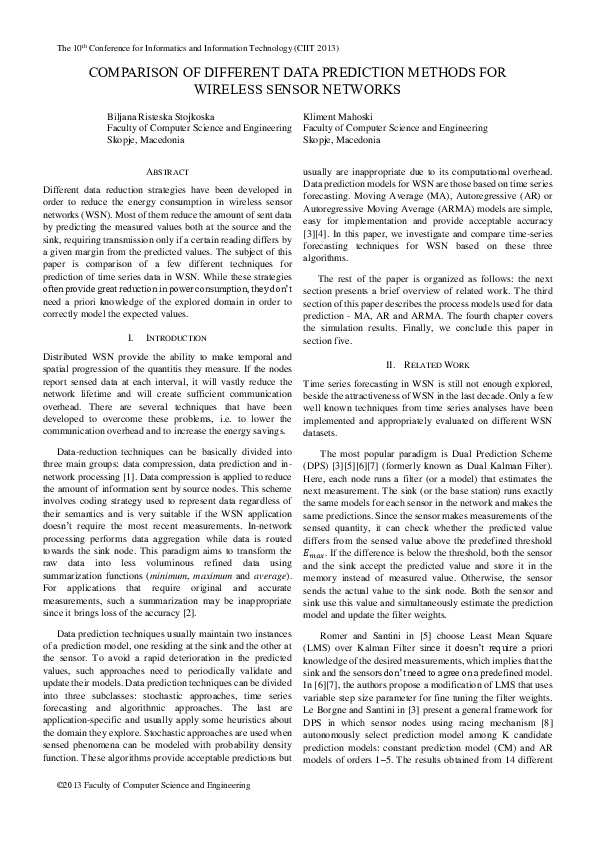 Pdf Comparison Of Different Data Prediction Methods For Wireless Sensor Networks