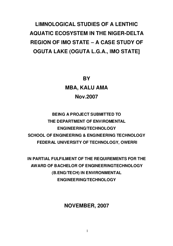 (PDF) LIMNOLOGICAL STUDIES OF A LENTHIC AQUATIC ECOSYSTEM IN THE NIGER ...