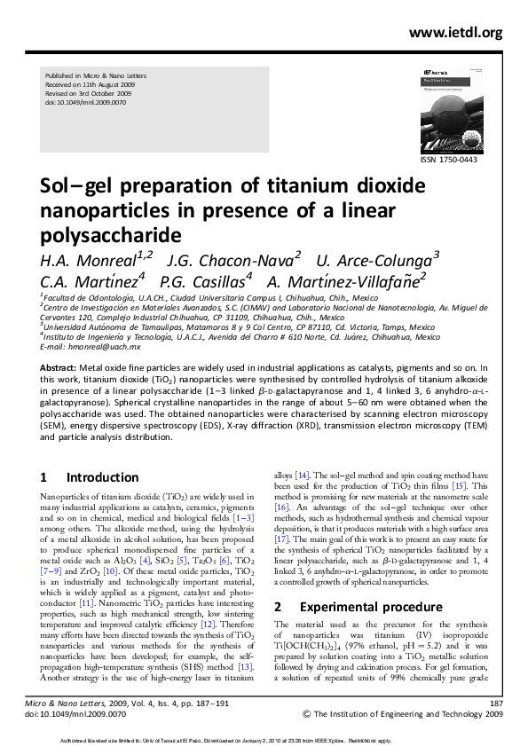 (PDF) Sol–gel preparation of titanium dioxide nanoparticles in presence of a linear polysaccharide