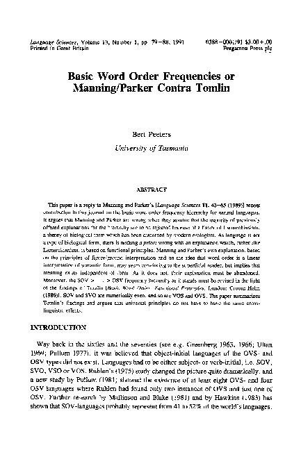 (PDF) Basic word order frequencies or Manning/Parker contra Tomlin