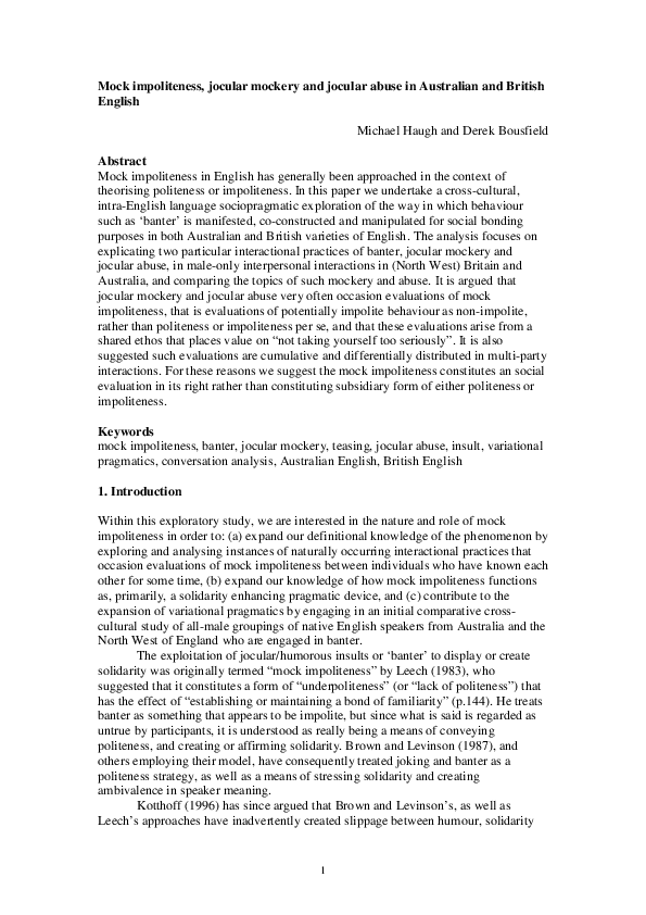 (PDF) Mock impoliteness, jocular mockery and jocular abuse in ...