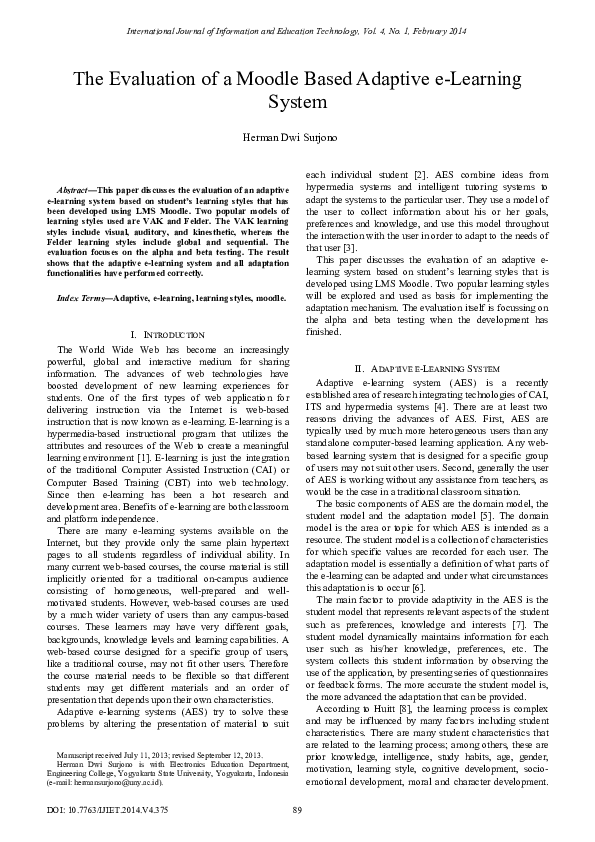 (PDF) The Evaluation of a Moodle Based Adaptive e-Learning System
