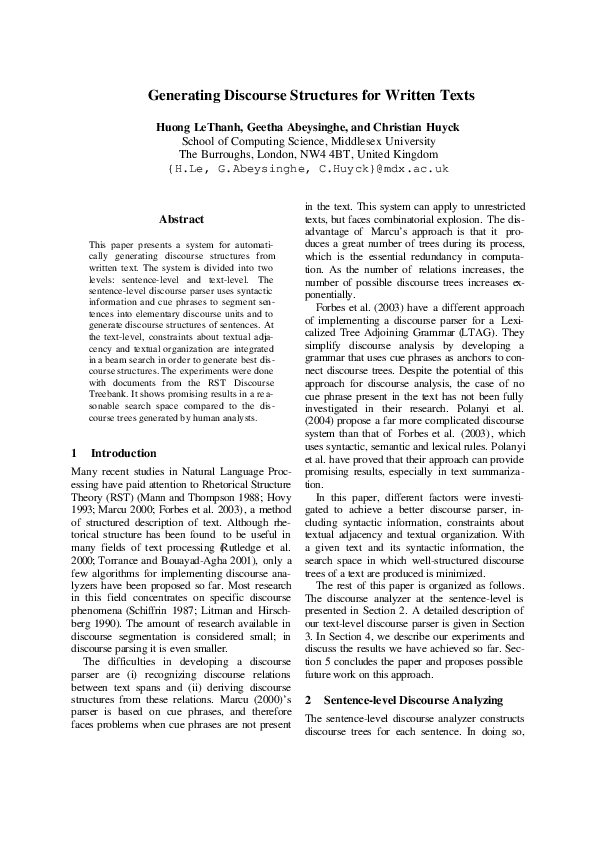 (PDF) Generating Discourse Structures for Written Texts