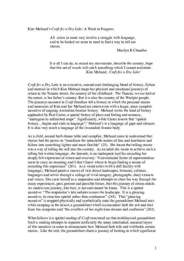 (PDF) Kim Mahood's Craft for a Dry Lake: A Work in Progress