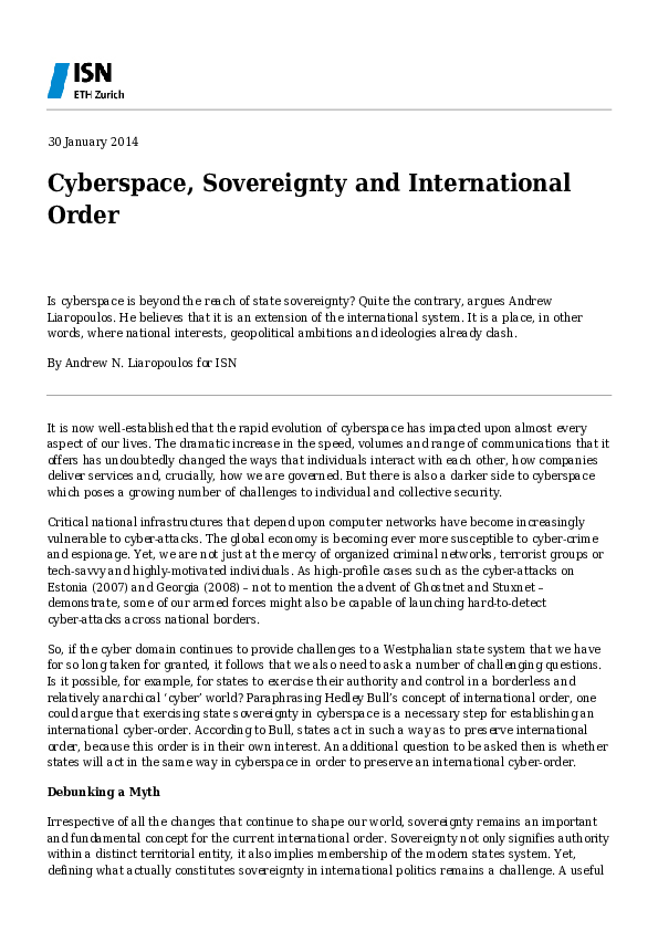 (PDF) Cyberspace, Sovereignty and International Order, ISN, 2014.