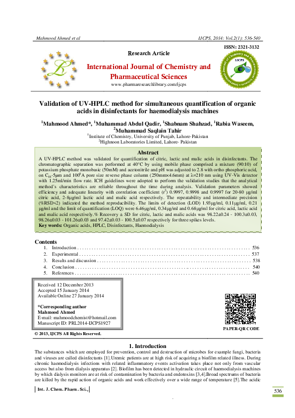 (PDF) Validation of UV-HPLC method for simultaneous quantification of organic acids in ...