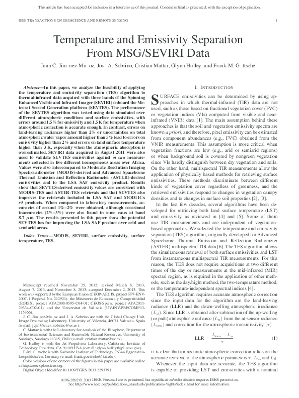 (PDF) Temperature and Emissivity Separation from MSG/SEVIRI data