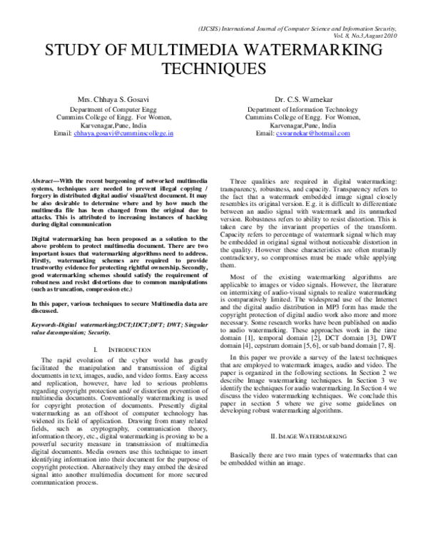 (PDF) STUDY OF MULTIMEDIA WATERMARKING TECHNIQUES