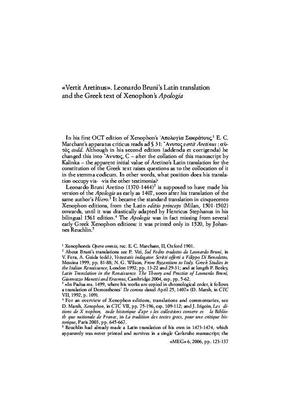 (PDF) ‘Vertit Aretinus’. Leonardo Bruni’s Latin translation and the ...